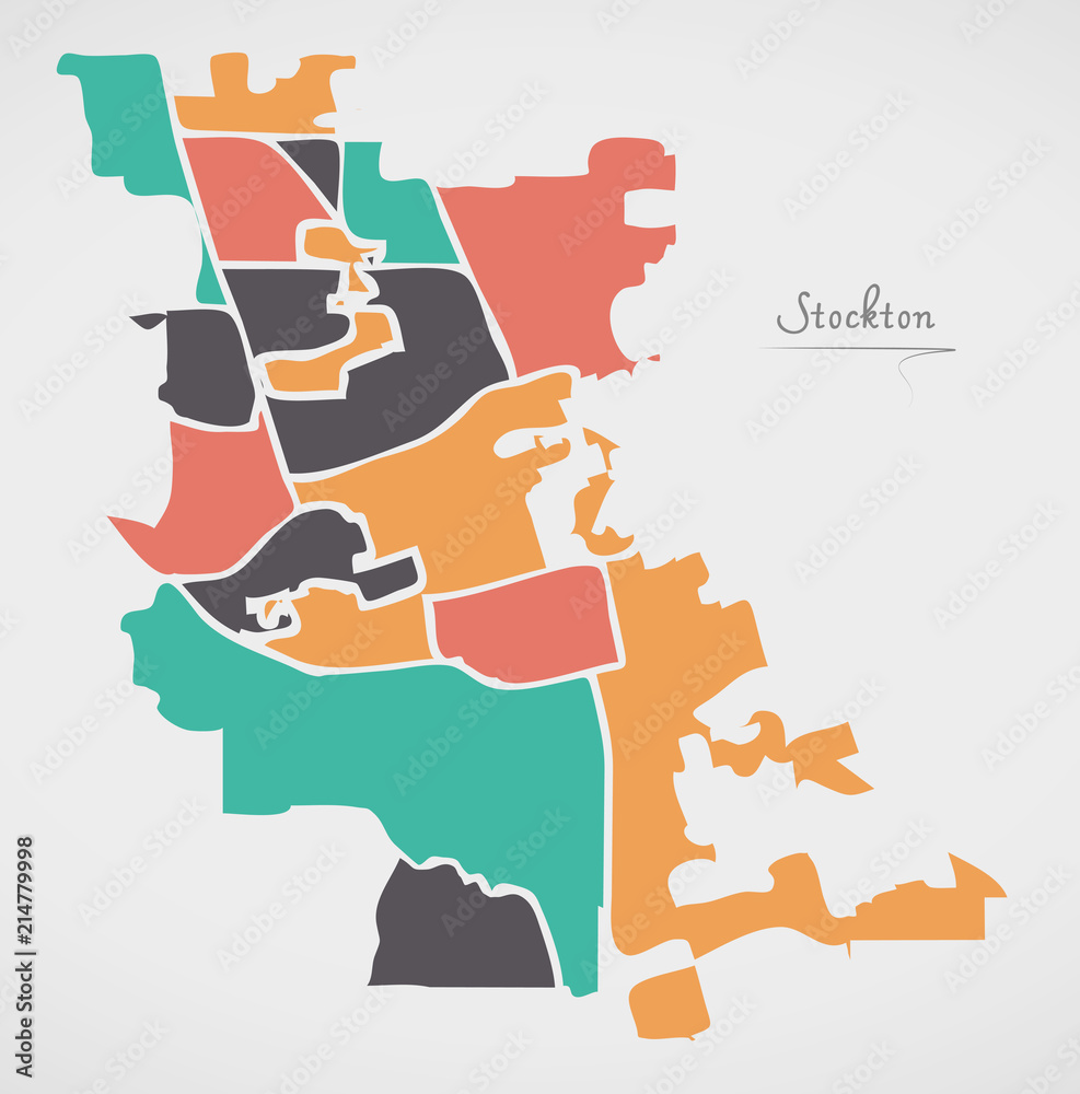 Stockton California Map with neighborhoods and modern round shapes ...