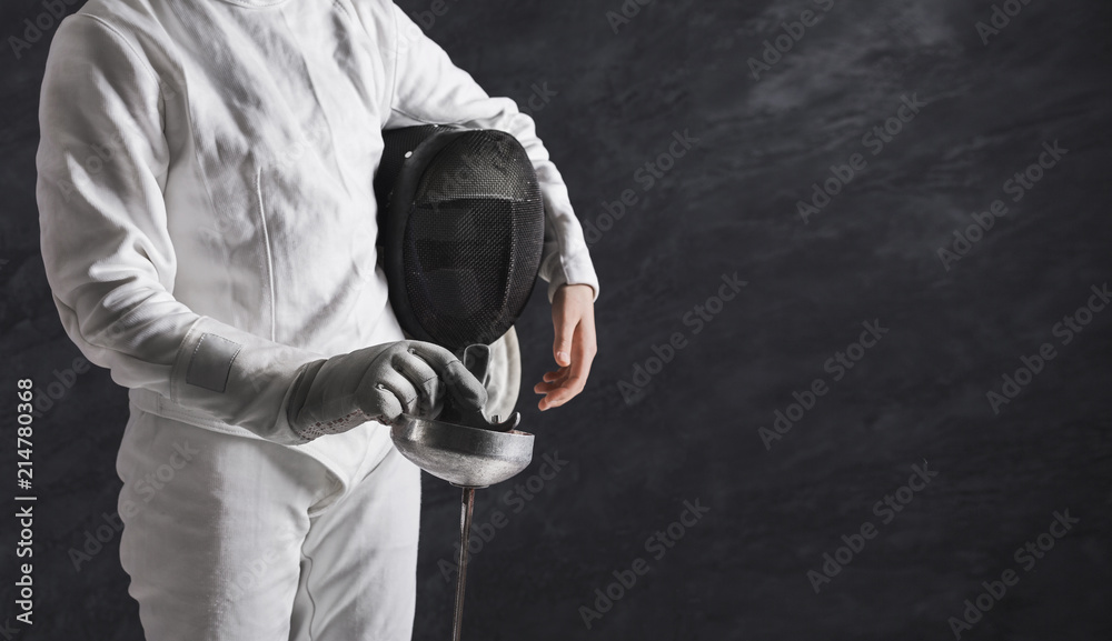 Female fencer in white fencing suit at black background Stock Photo ...
