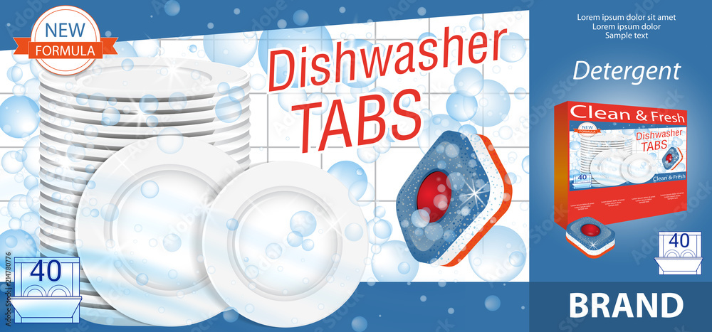 Dishwasher detergent tabs. Realistic illustration with plates in ...