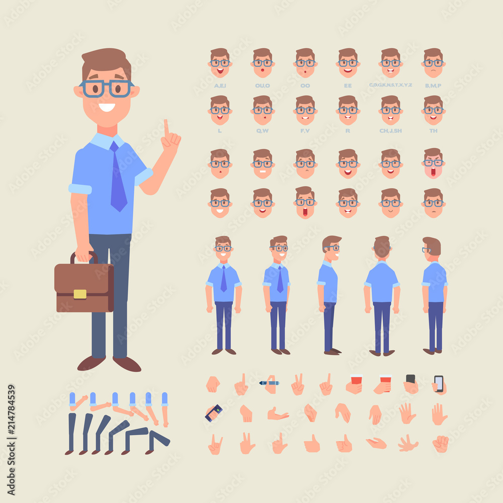 Vetor de Front, side, back view animated male character. Business man ...