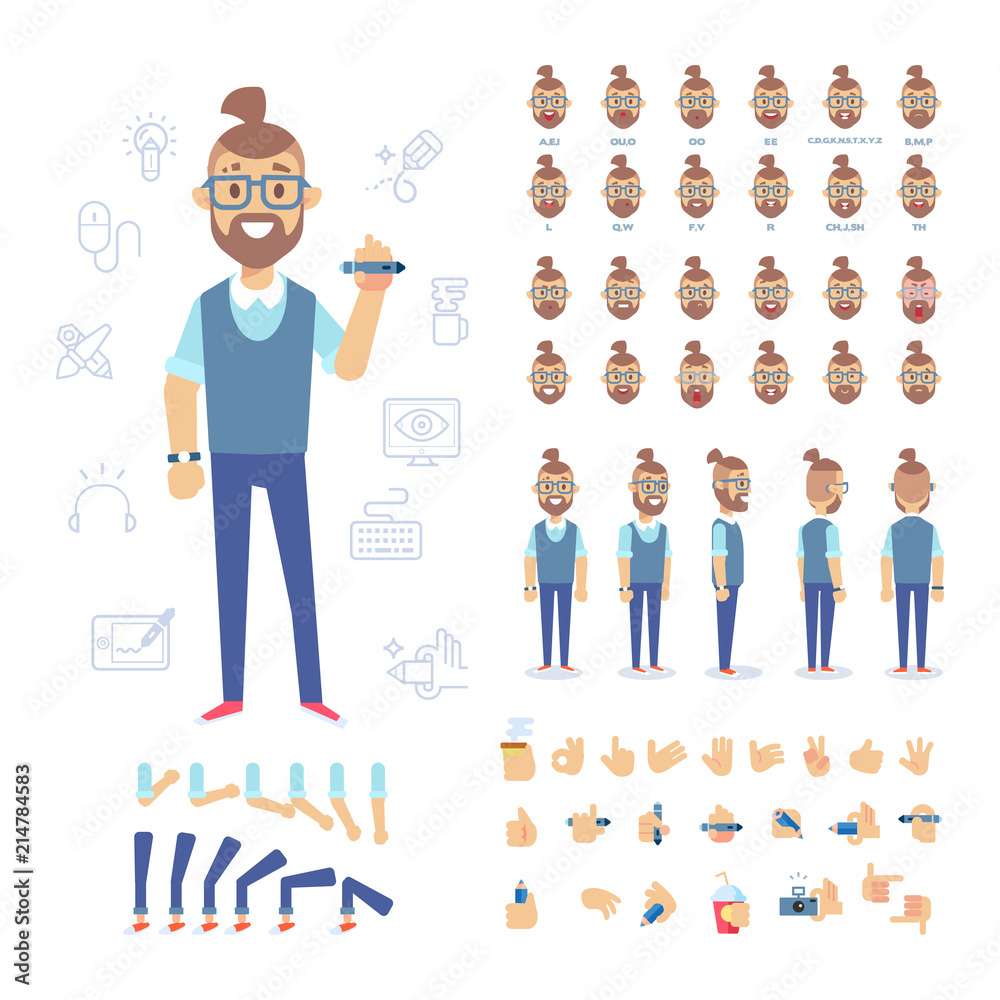 Front, side, back view animated character. Man designer, hipster ...