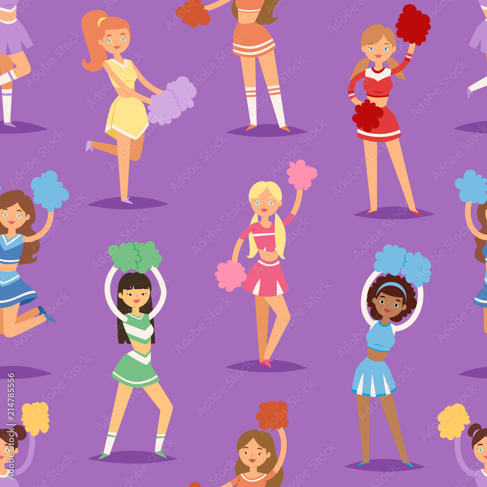 Cartoon cheerleaders girls sport fan dancing cheerleading woman team ...