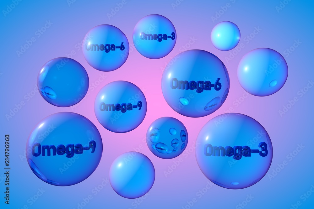 Transparent blue omega-3, omega-6 and omega-9 pills. Fish and vegetable ...