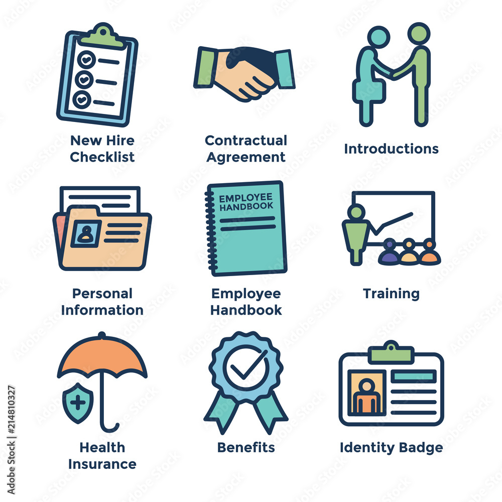 New Employee Hiring Process icon set w checklist, handshake, training ...