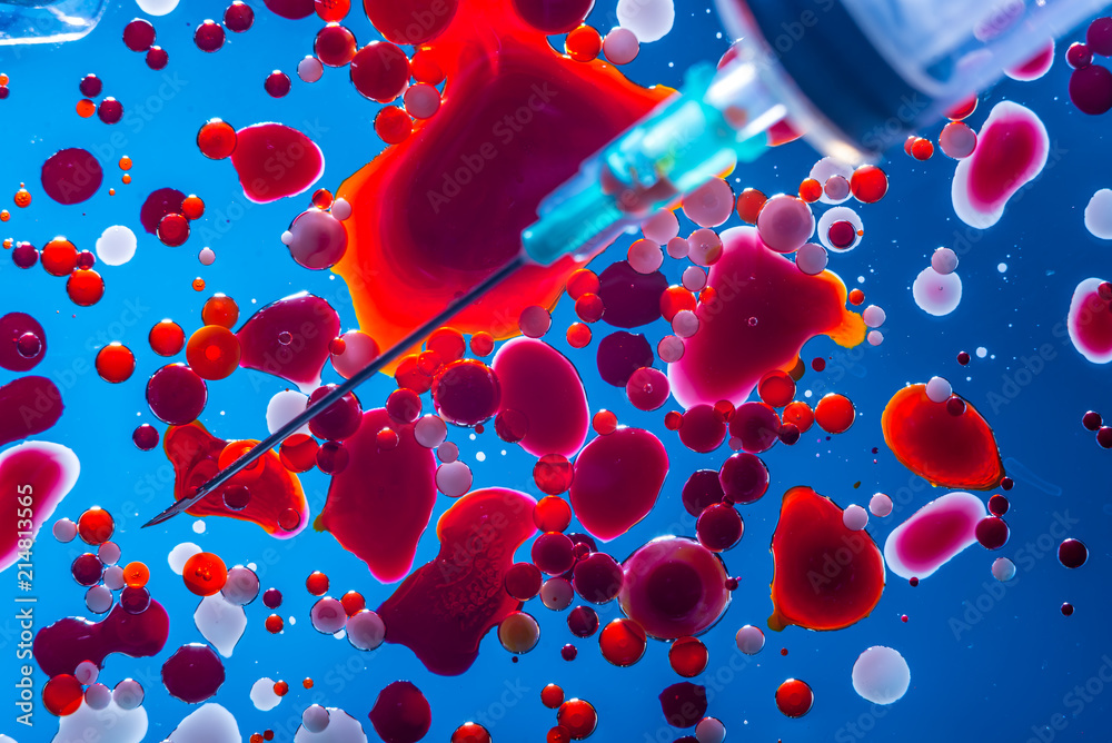 Red bubbles of blood cells on blue background. Abstraction of medicine ...