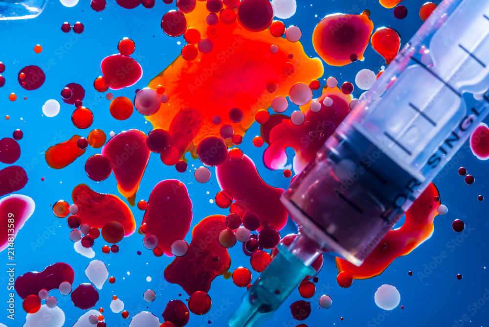 Red bubbles of blood cells on blue background. Abstraction of medicine ...