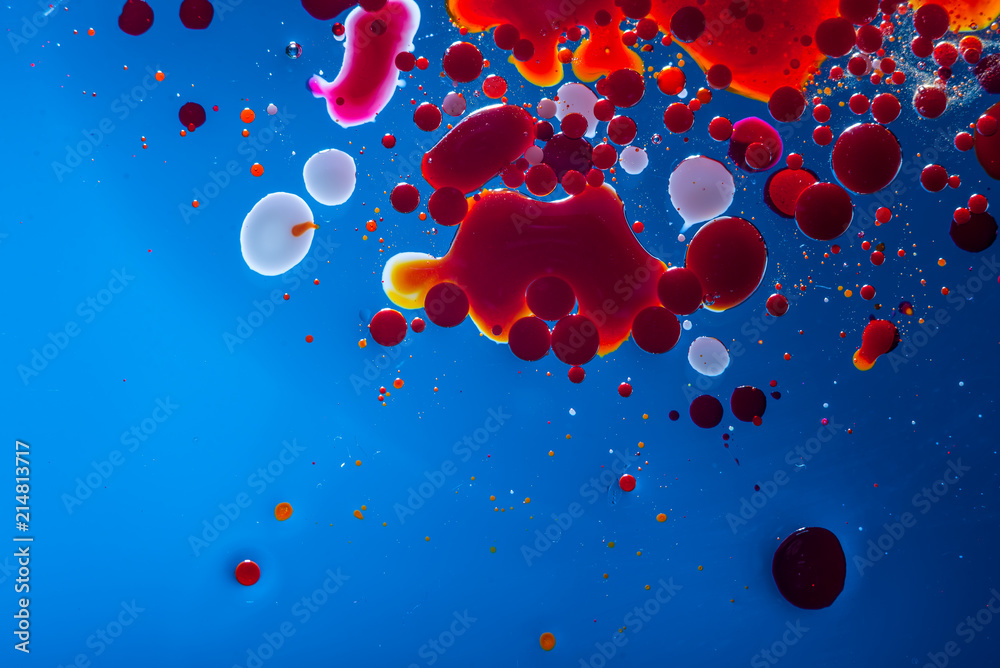 Red bubbles of blood cells on blue background. Abstraction of medicine ...