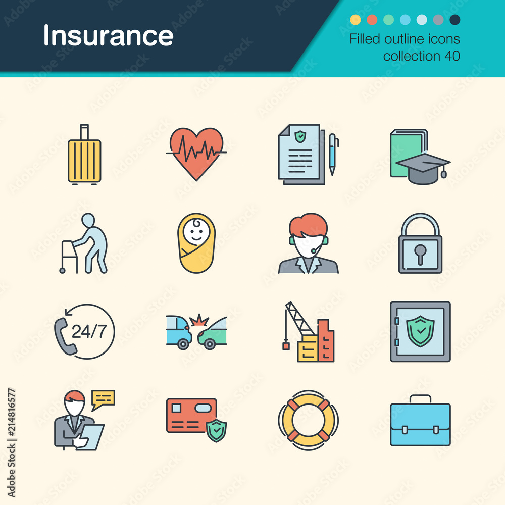 Insurance icons. Filled outline design collection 40. For presentation ...