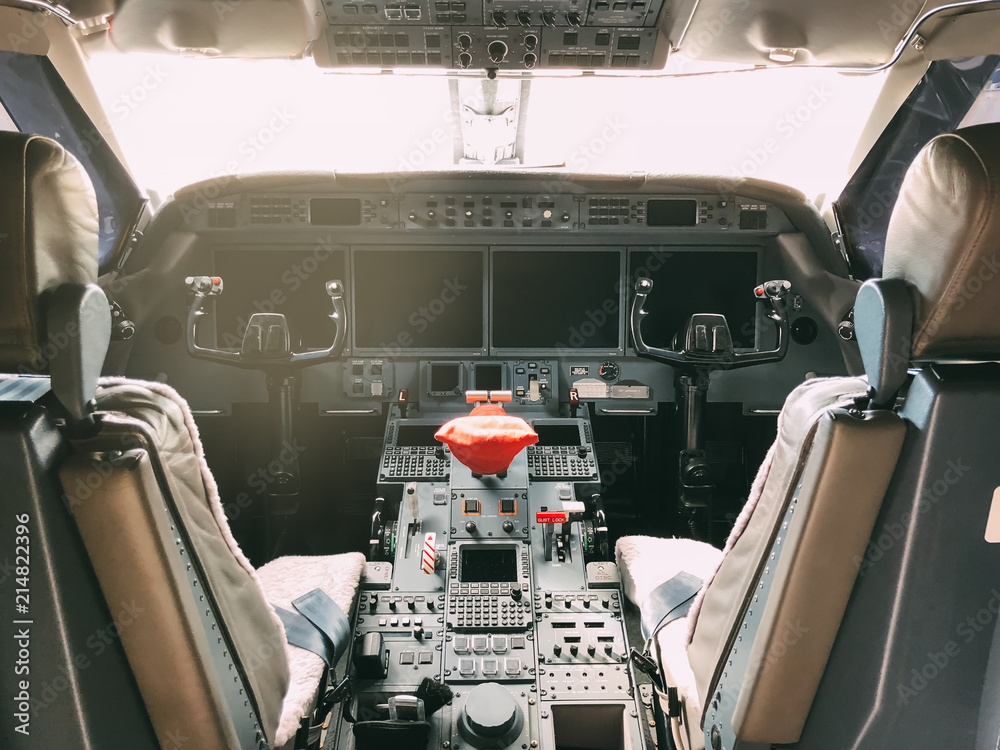 Interior of a pilot cockpit cabin private jet Stock Photo | Adobe Stock