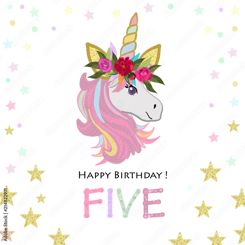 Fifth birthday greeting. Five text. Magical Unicorn Birthday invitation ...