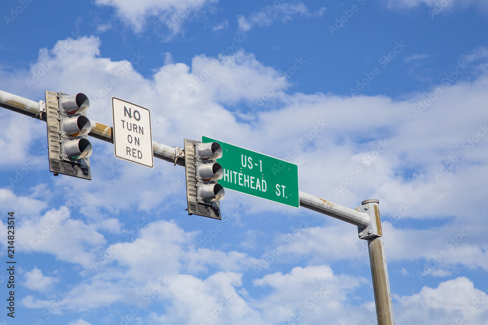 beginning of US 1 highway in Key West at Whitehead street with traffic ...