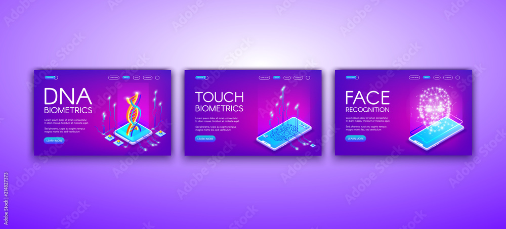 DNA, touch and face biometrics vector illustration of personal identity ...