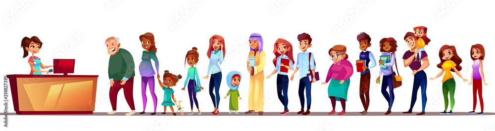 People waiting in queue vector illustration. Crowd long line standing ...