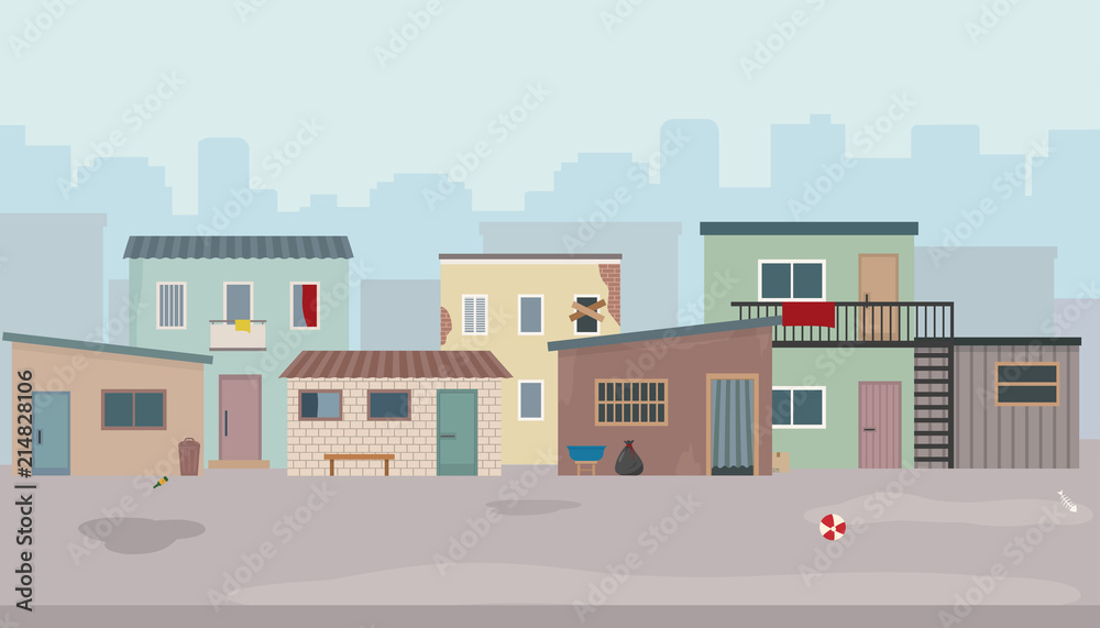 Slum. Huts and old ruined houses at the street. Flat style vector ...