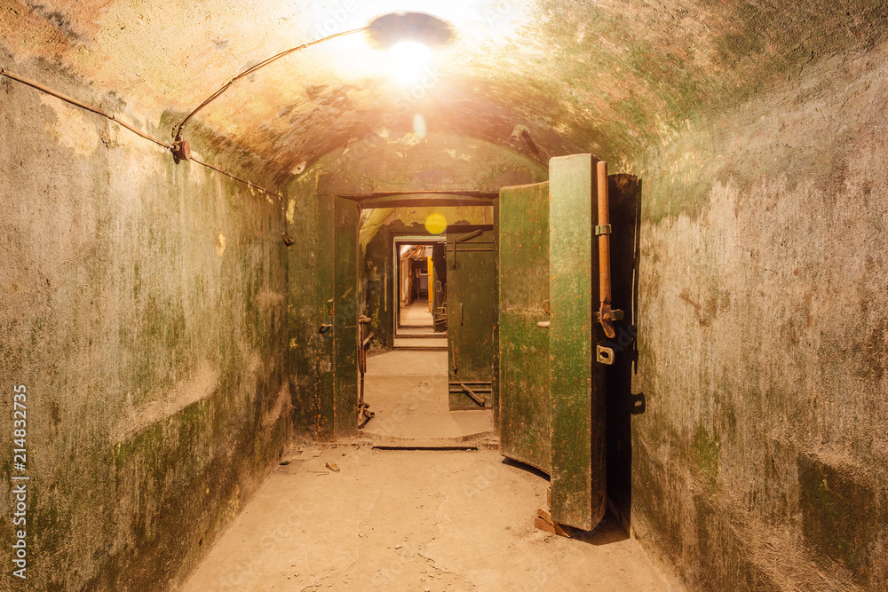 Dark corridor of old abandoned Soviet underground bunker, opened ...