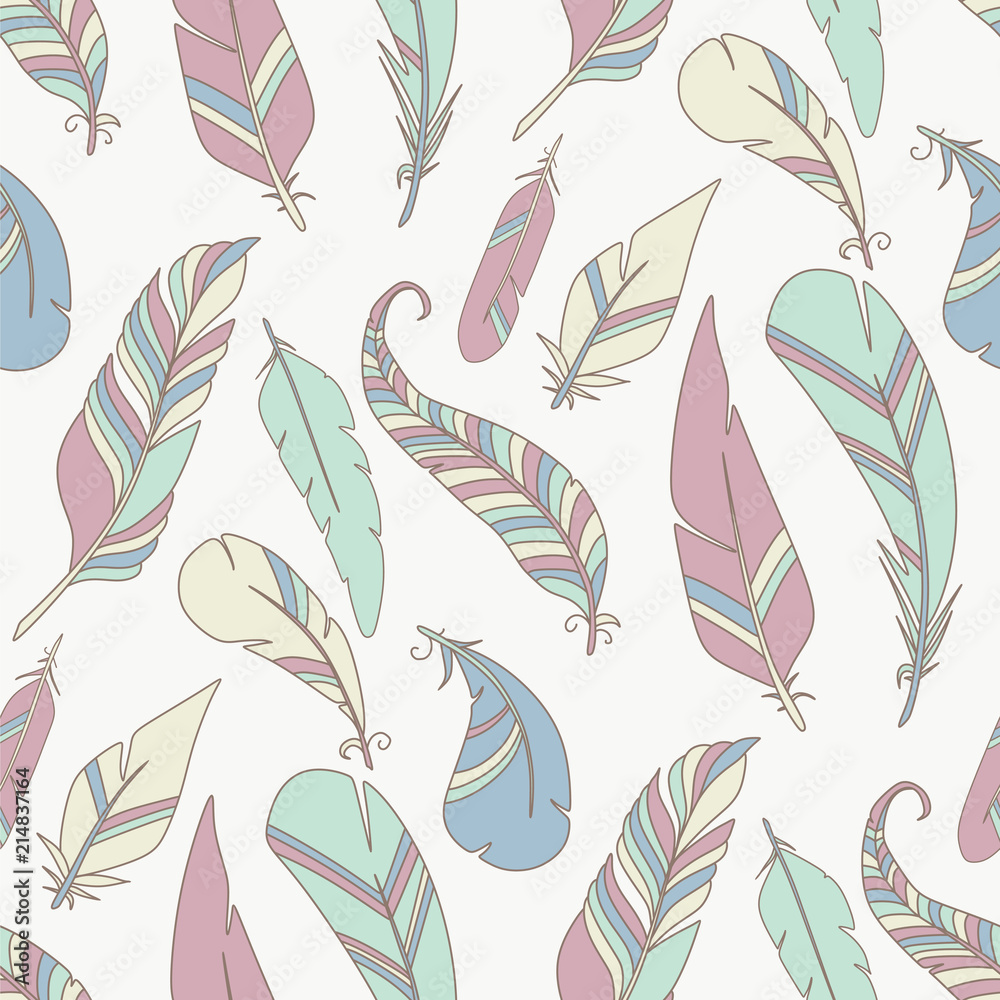 cartoon tribal feather vector seamless pattern bird pastel texture ...