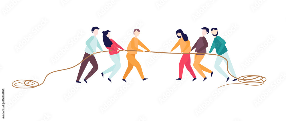 Excited man woman pull rope. Tug of war competition between two teams ...