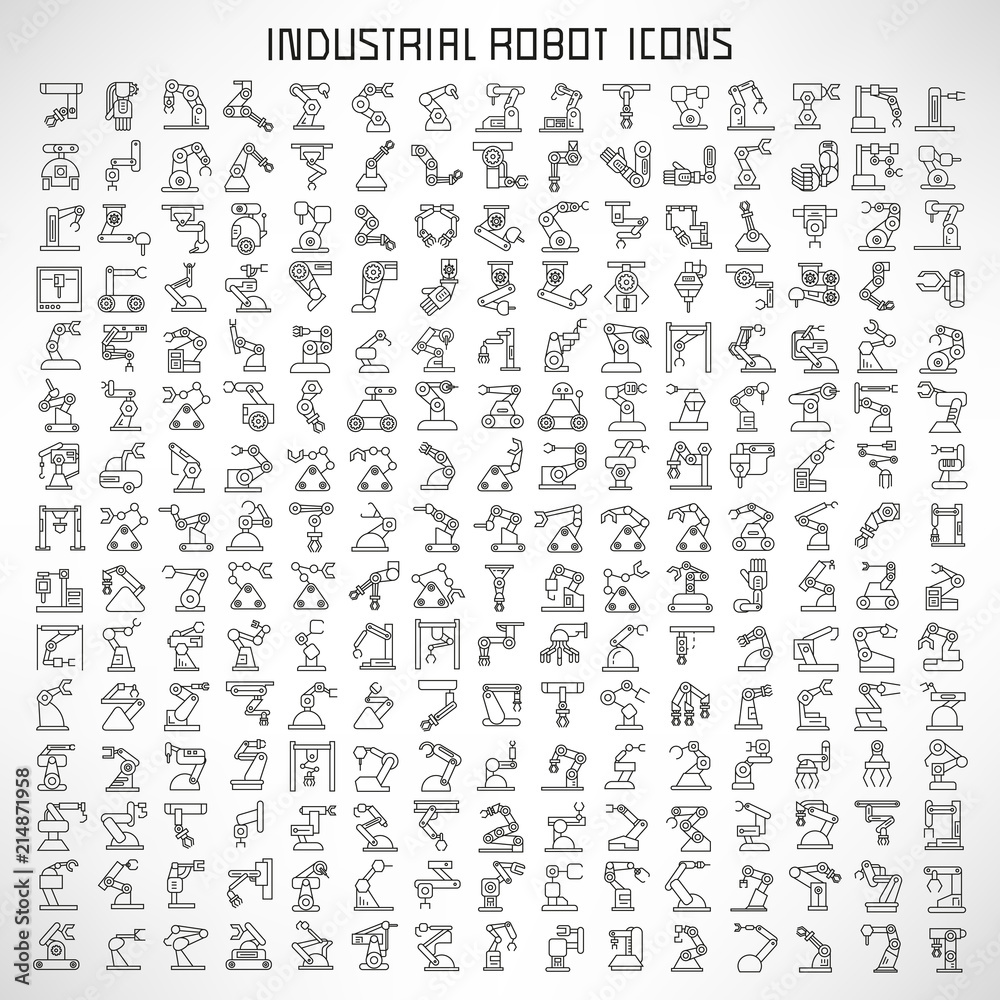 robotic arm icons set, industrial robot vector illustration outline ...