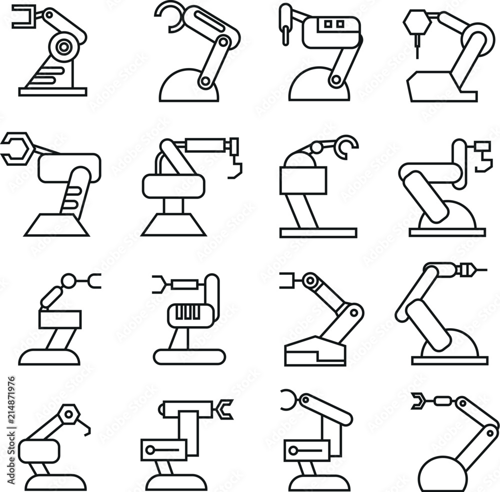 robotic arm icons set, industrial robot bold line icons Stock Vector ...