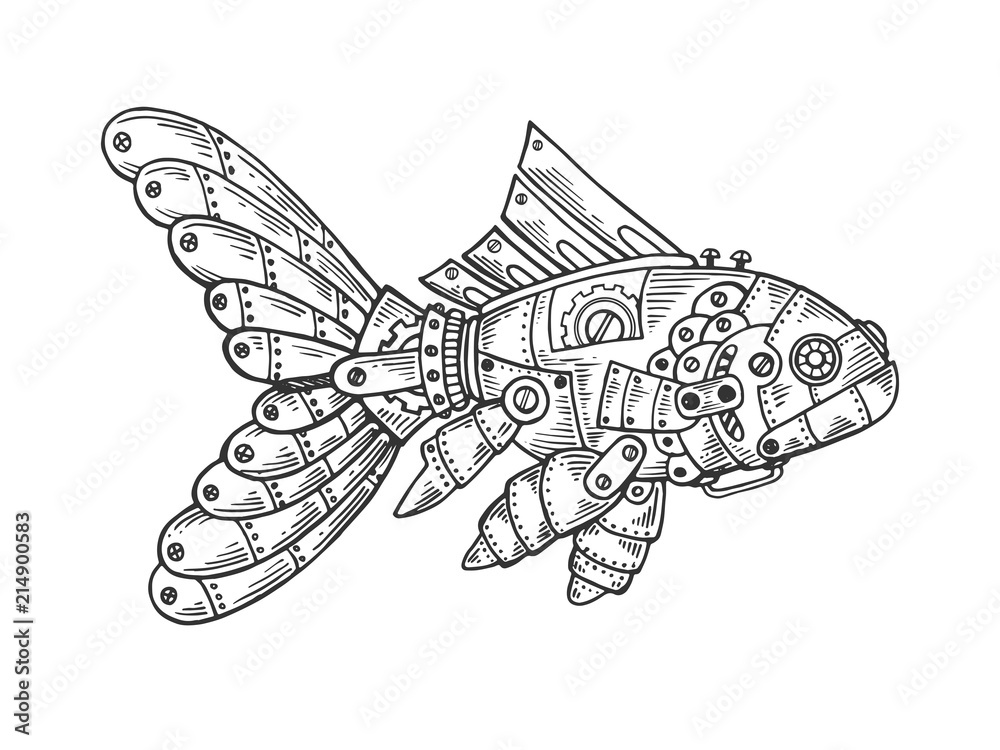 Mechanical fish animal engraving vector Stock Vector | Adobe Stock