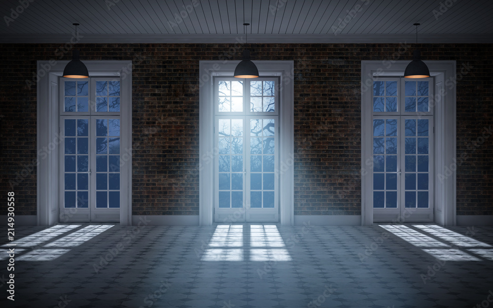 Empty dark room with moonlight coming through windows. 3d rendering ...