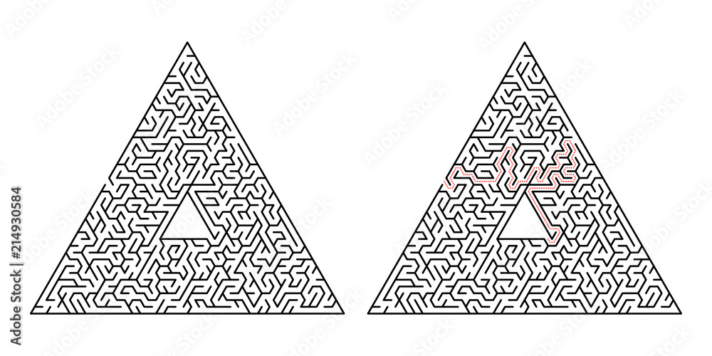 Triangular labyrinth. Maze isolated on a white background. Solution is ...