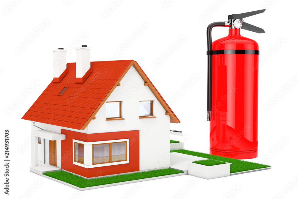 Fire-Prevention Protection of House. Red Fire Extinguisher near Modern ...