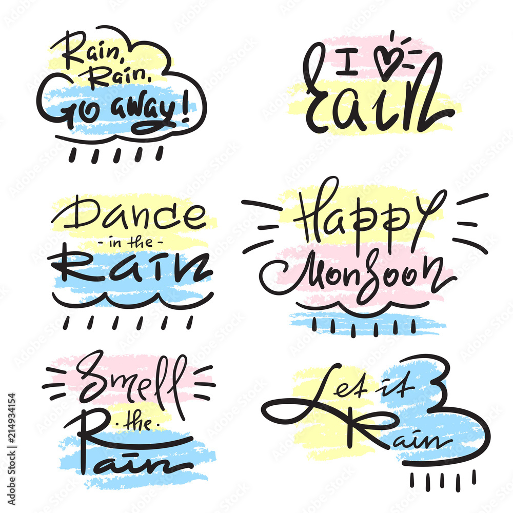 Set of simple inspire and motivational quotes about rain. Hand drawn ...