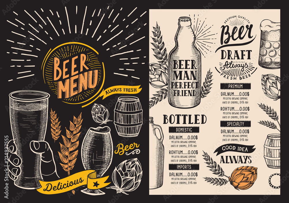 Beer drink menu for restaurant and cafe. Design template with hand ...
