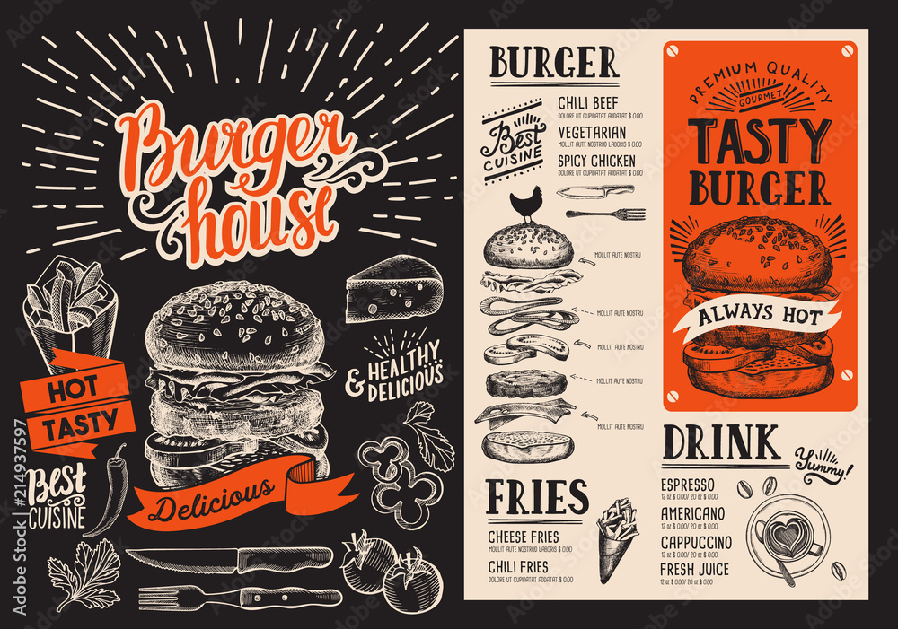 Grafika wektorowa Stock: Burger menu. Vector food flyer for restaurant ...