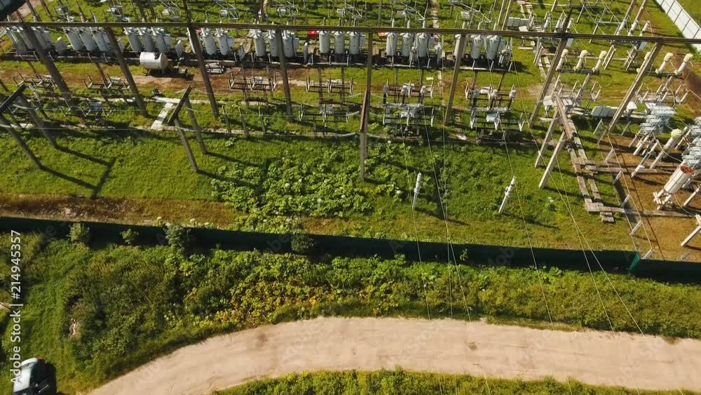 Aerial view Power plant, transformation station, cables and wires. High ...