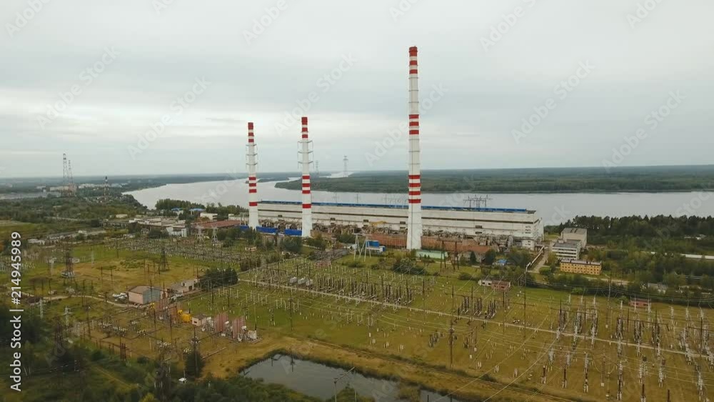 Aerial view Hydroelectric power station, transformation station, cables ...