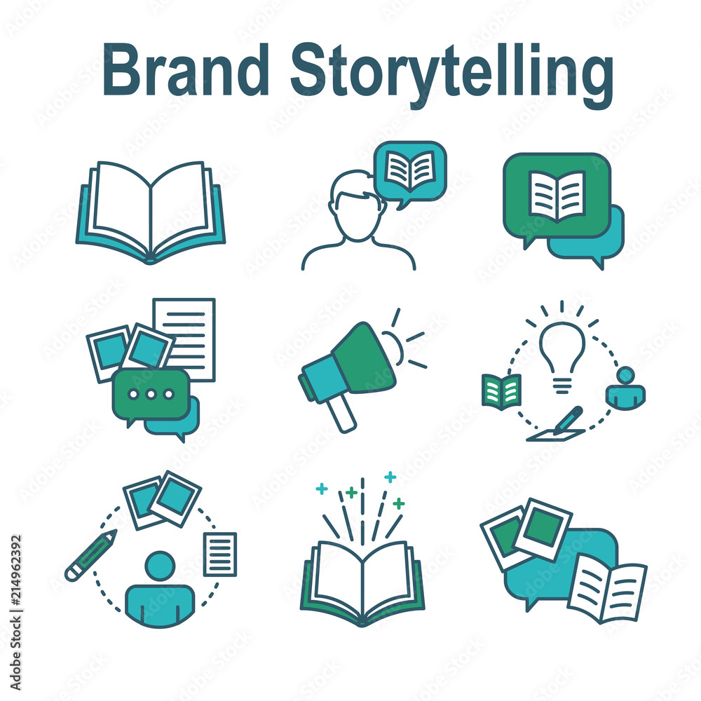 Storytelling Icon with Photo, Speech Bubbles, and person telling a ...