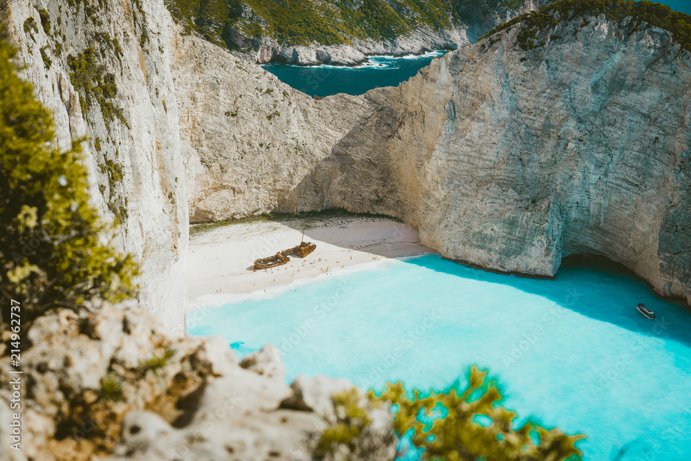 Famous shipwreck on Navagio beach with turquoise blue sea water ...