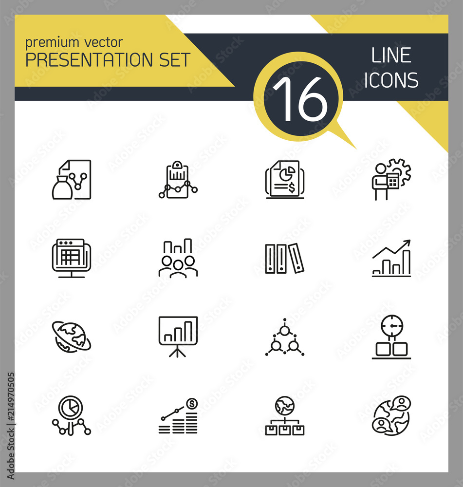 Presentation icons. Set of line icons. Report, research, diagram ...