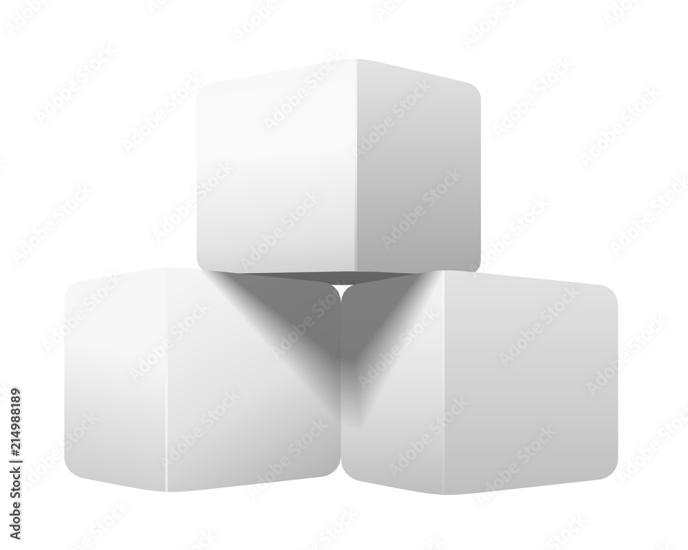 Blank white cube pyramid. Three empty mockup vector boxes isolated on ...