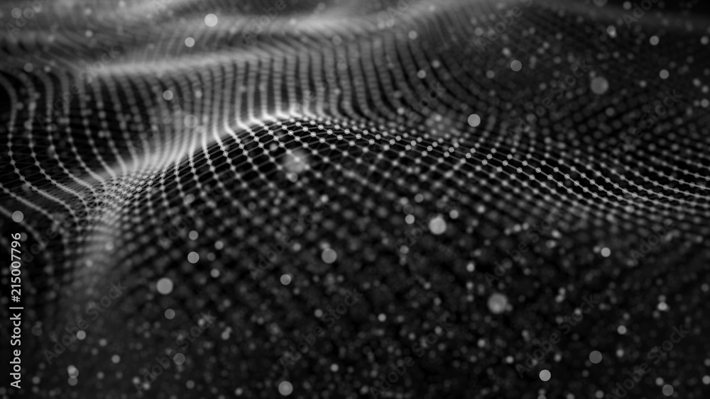 Wave with connecting dots and lines on dark background. Wave of dots ...