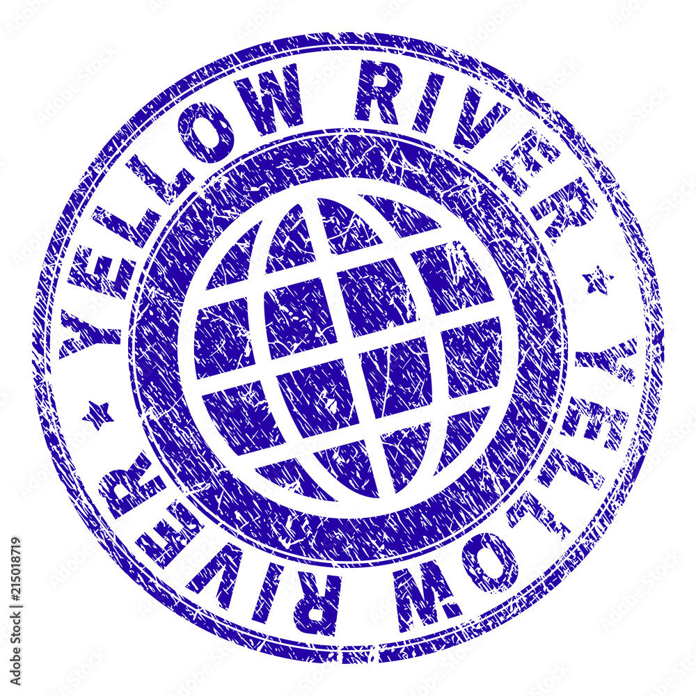 YELLOW RIVER stamp print with grunge texture. Blue vector rubber seal ...