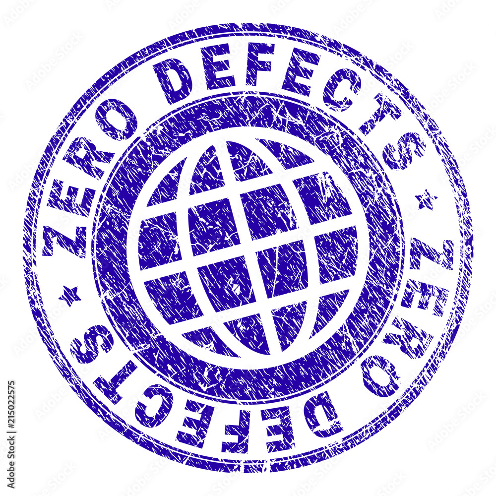 ZERO DEFECTS stamp print with distress texture. Blue vector rubber seal ...