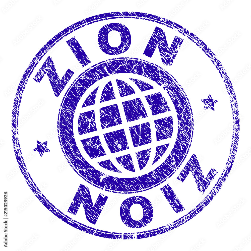 ZION stamp imprint with distress texture. Blue vector rubber seal ...