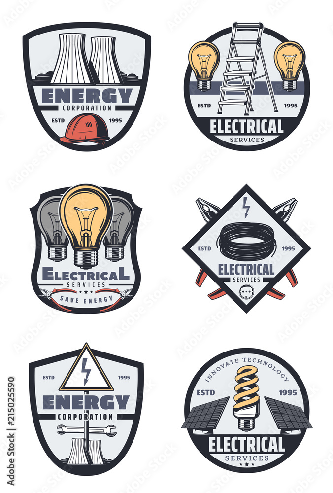 Electrical service and power industry retro badges Stock Vector | Adobe ...