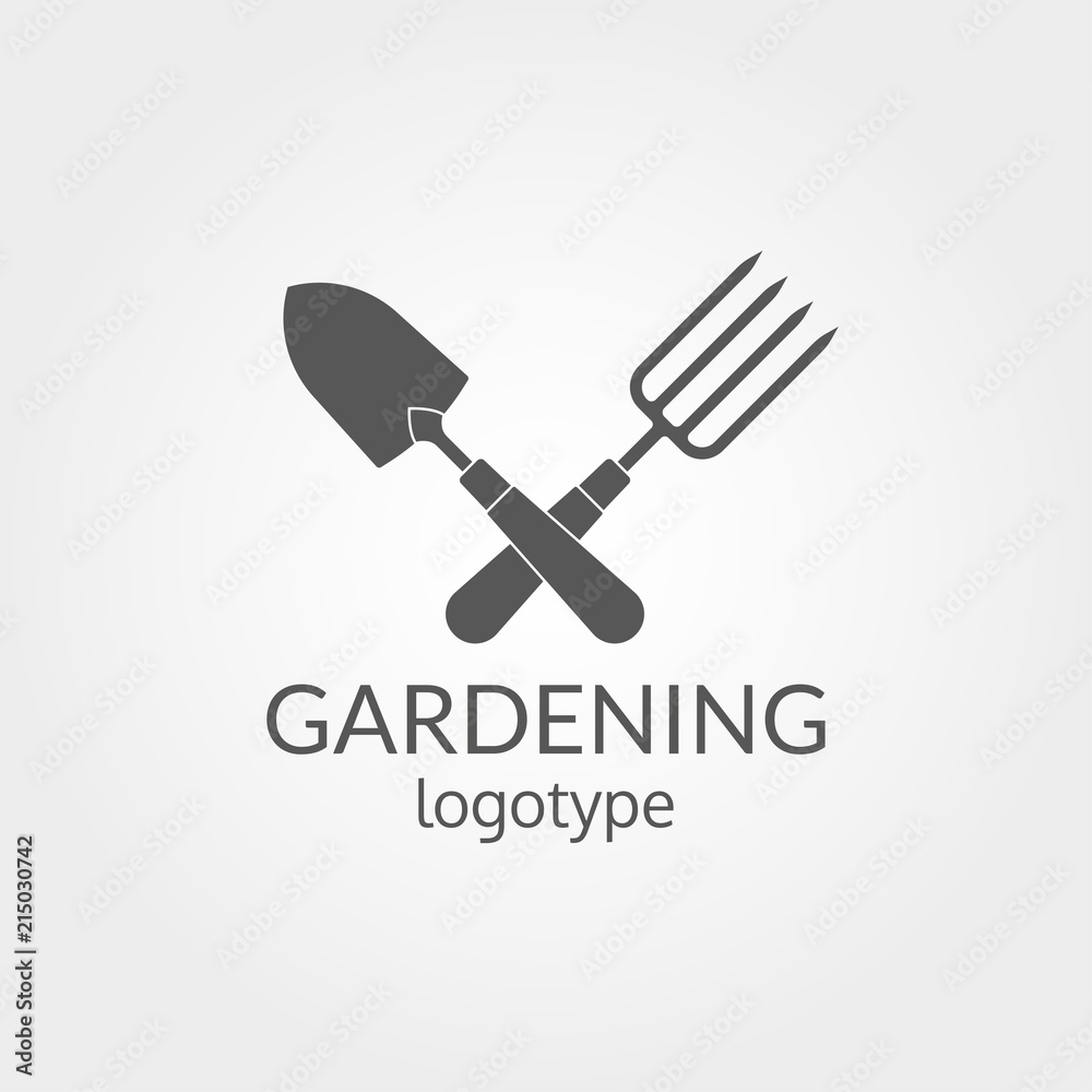 Gardening logo. Garden tools icon. Crossed trowel spade and garden fork ...