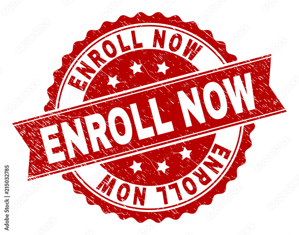 Vetor de ENROLL NOW seal print with corroded texture. Rubber seal ...