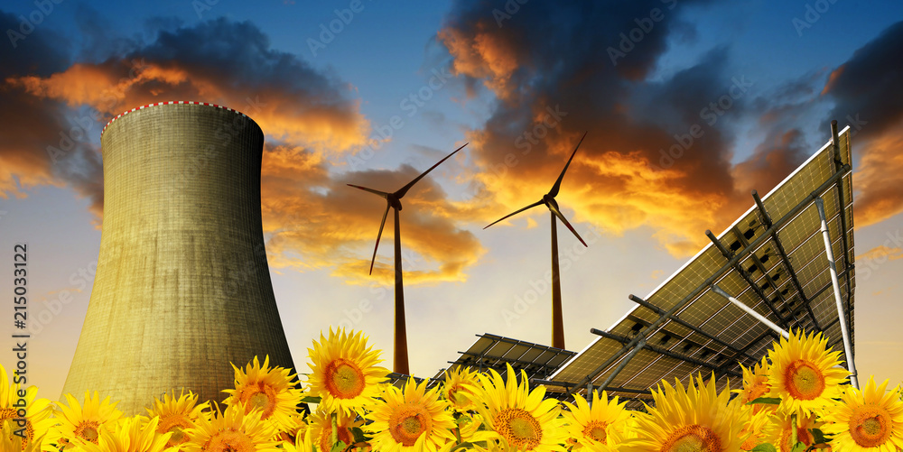 Solar energy panels with wind turbines and cooling tower of nuclear ...