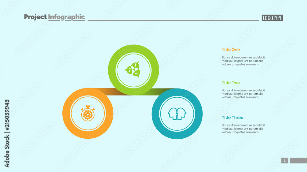 Three circles process chart slide template. Business data. List ...