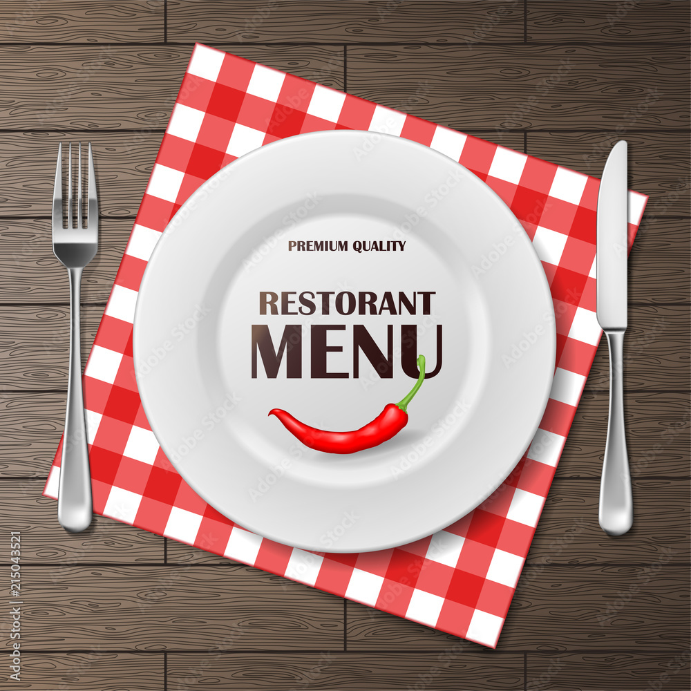 Restaurant menu front banner with plate and cutlery set on napkin ...