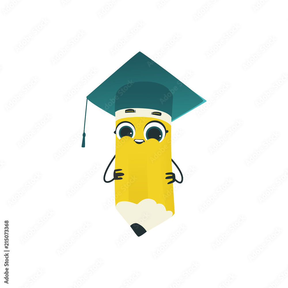 Cute pencil cartoon character in square academic cap isolated on white ...