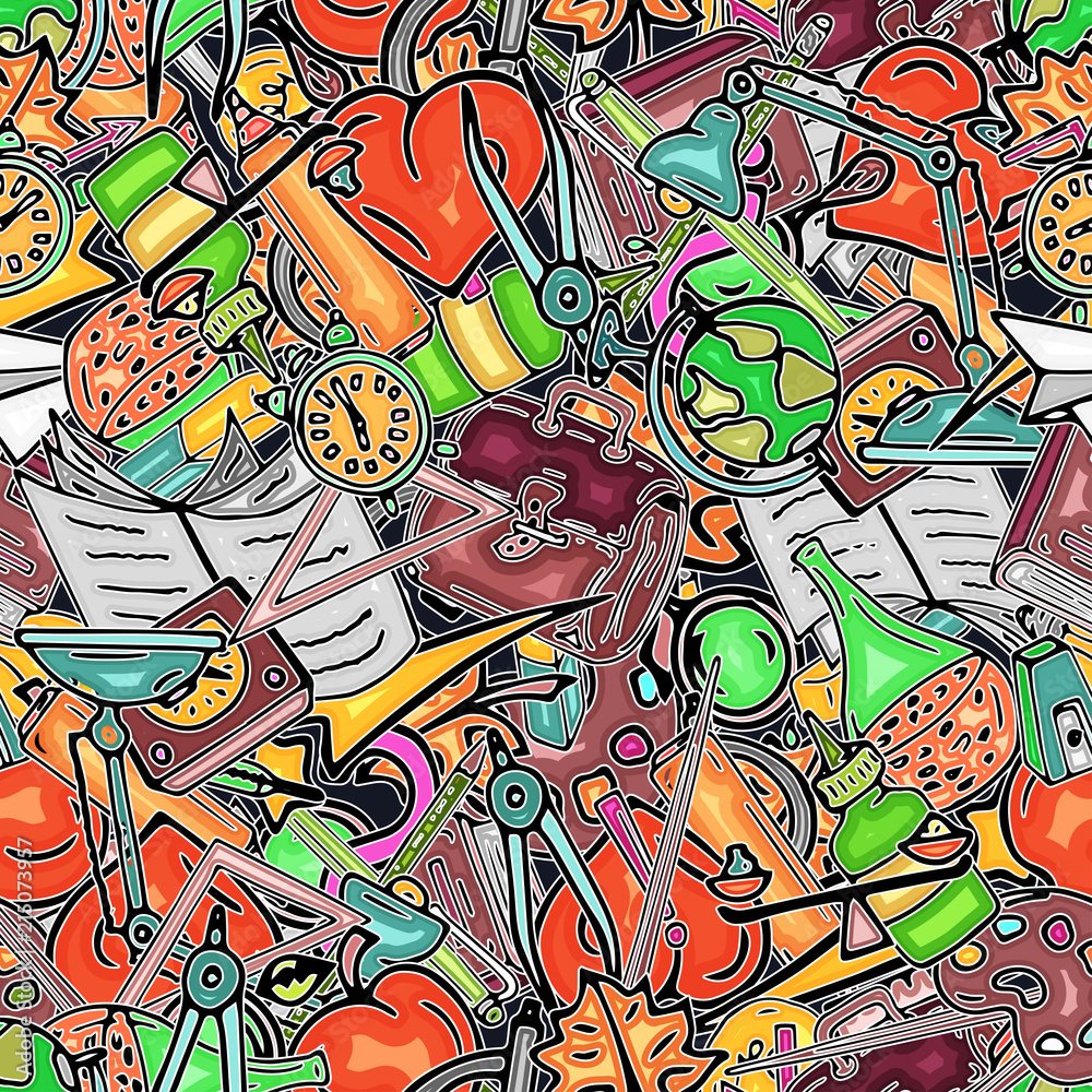 Vector seamless pattern retro drawing of different school objects ...