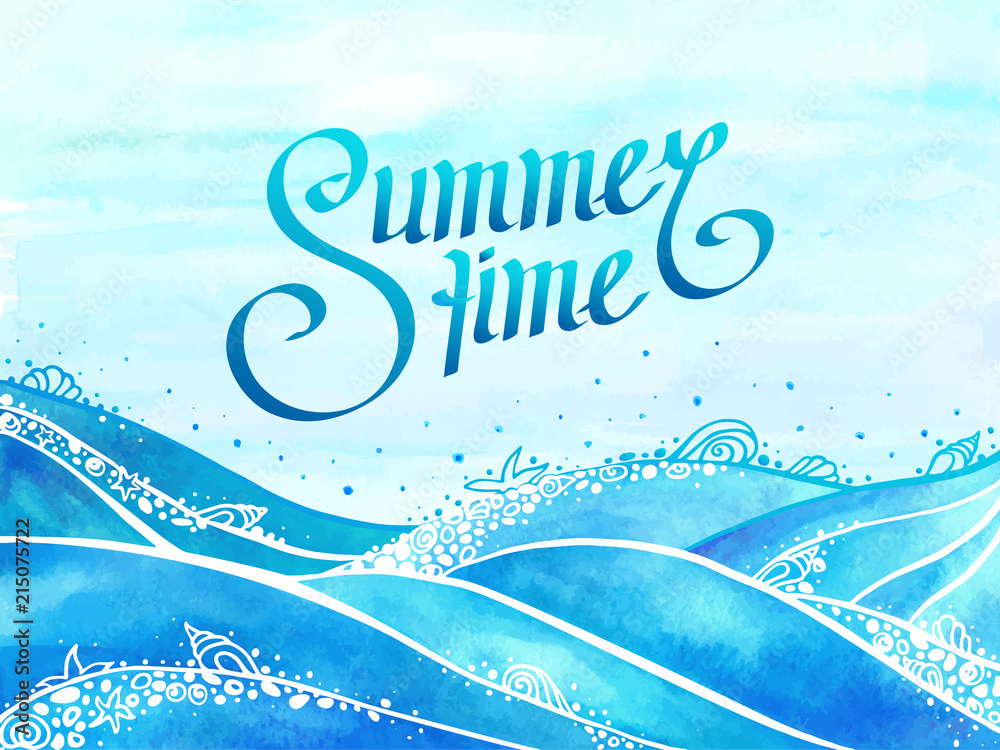 Beautiful Summer time and ocean wave background illustration with ...