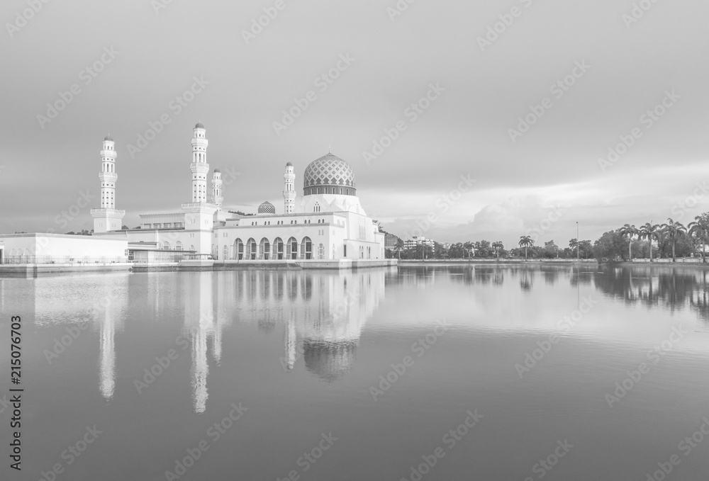 Reflection of Likas Mosque in black and white Stock Photo | Adobe Stock